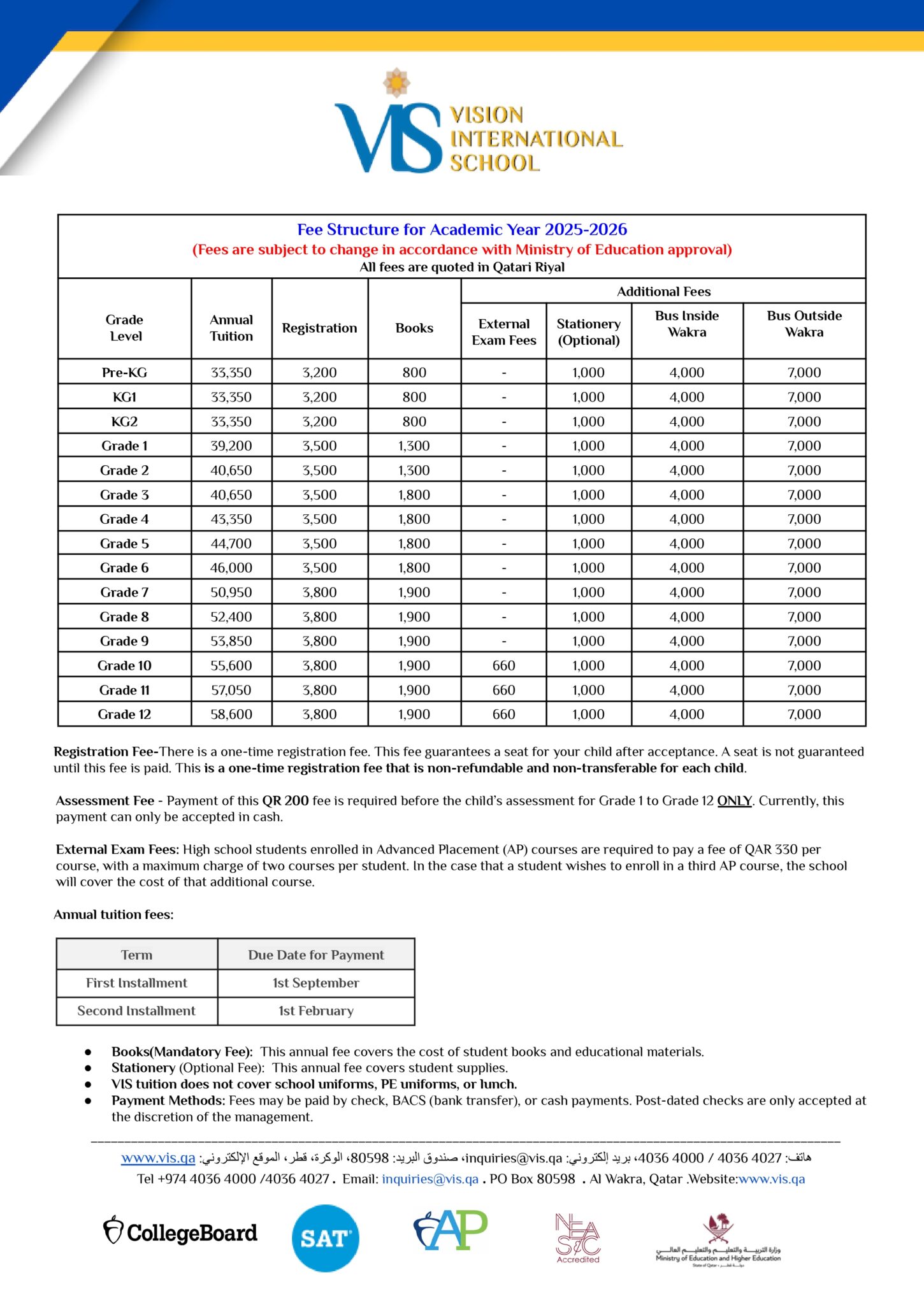 Tuition Fees - VIS Vision International School