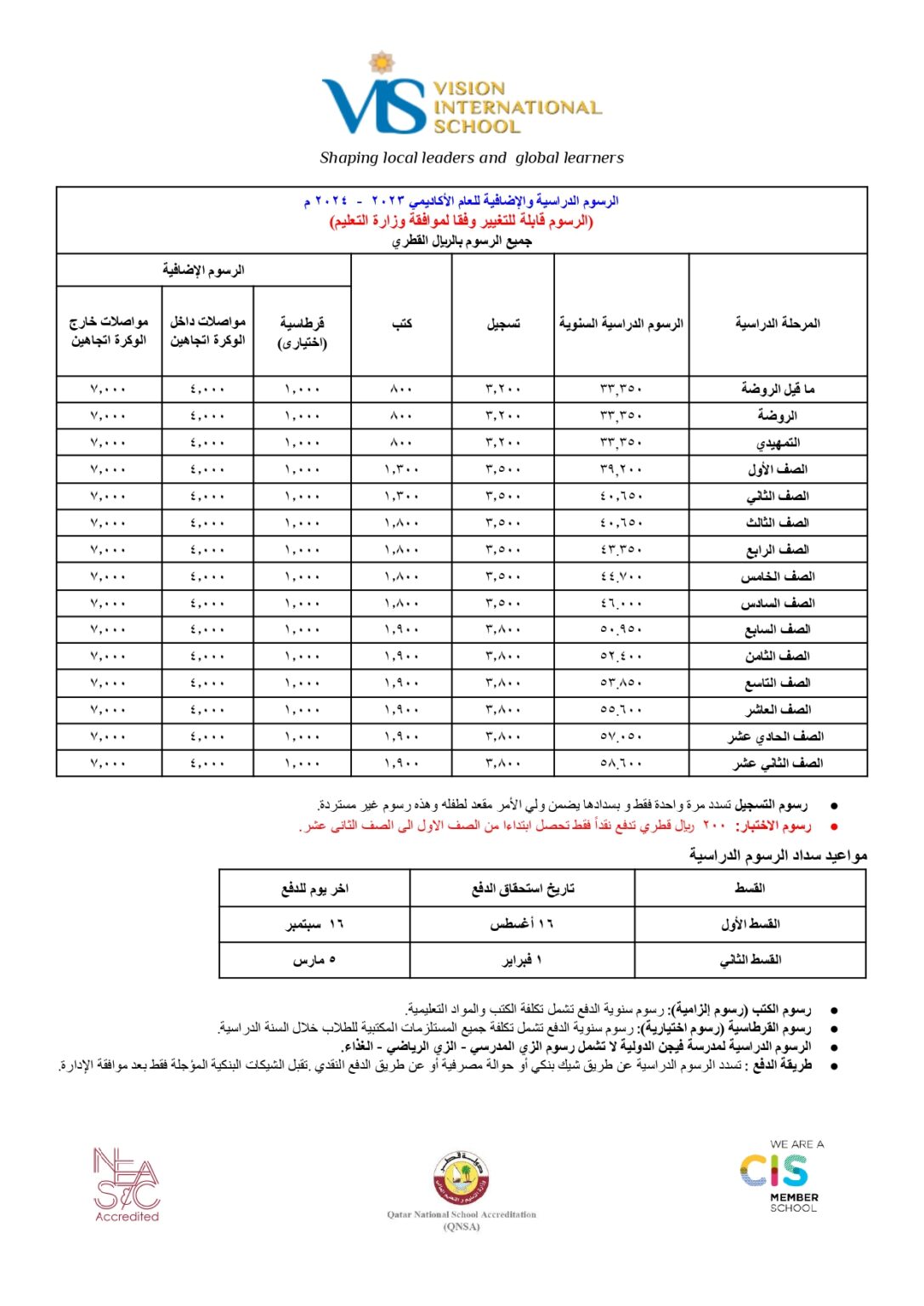 Tuition Fees - VIS Vision International School