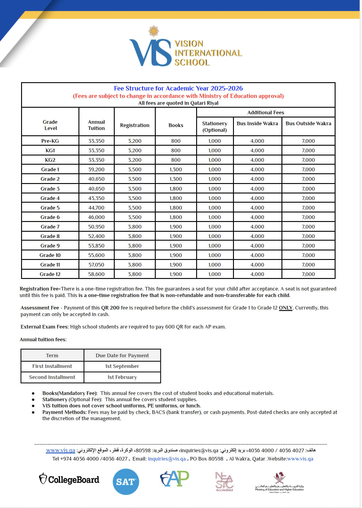 Tuition Fees - VIS Vision International School
